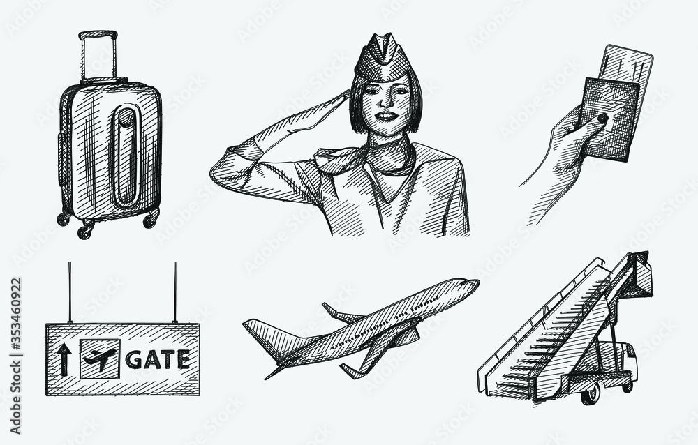 Hand-drawn sketch set of airport attributes. Set includes flight ...