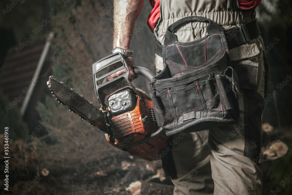 Garden Chainsaw Mechanical Saw Job Industrial Theme. Caucasian Men with ...