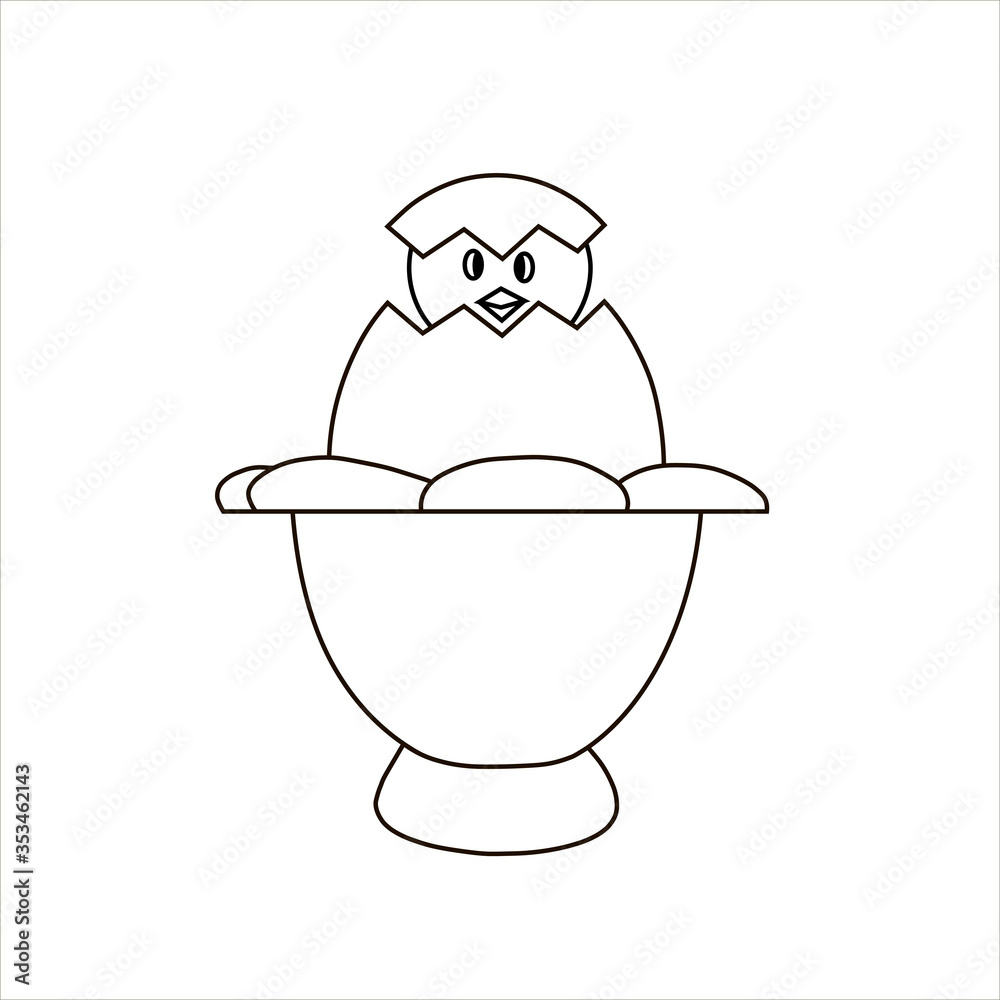 Hatching chick peeks out of egg. Opened white egg with broken shell on ...