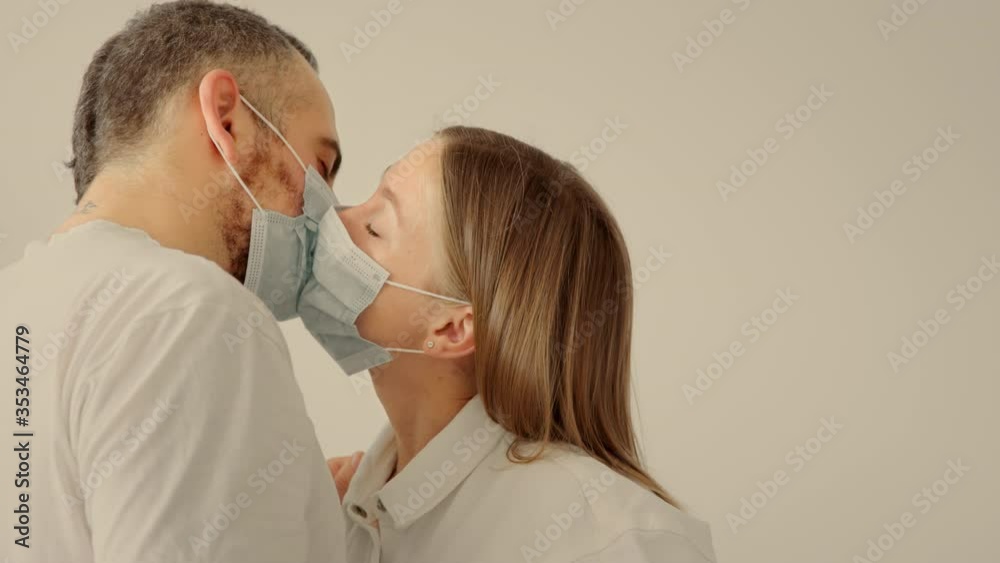 Video Stock Concept love during pandemic, kiss in new normal. Man and ...
