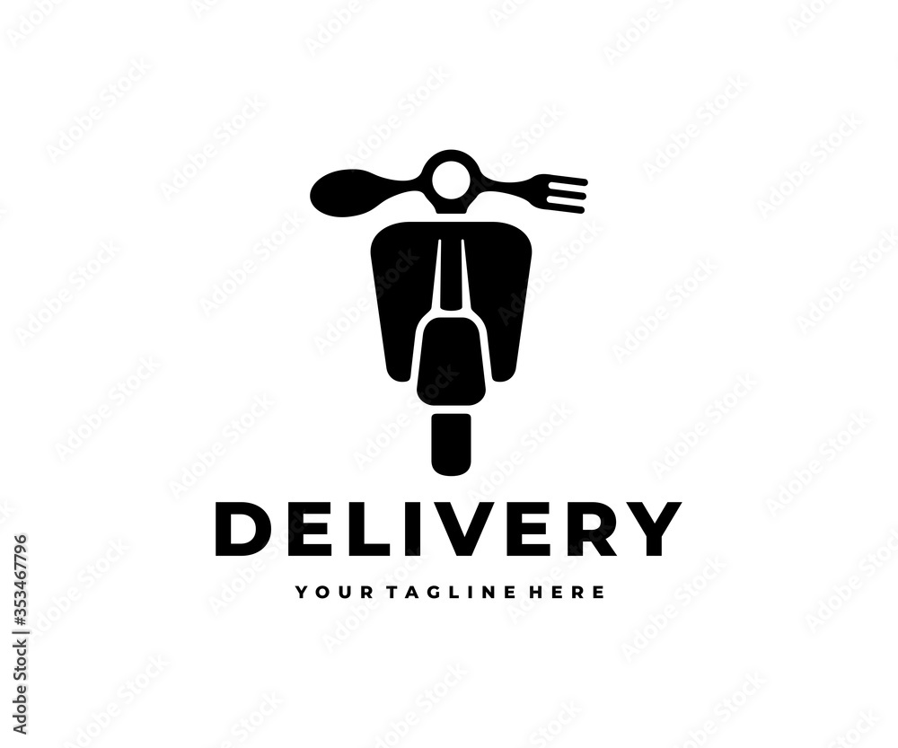 Delivery food, scooter motorcycle with fork and spoon, logo design ...
