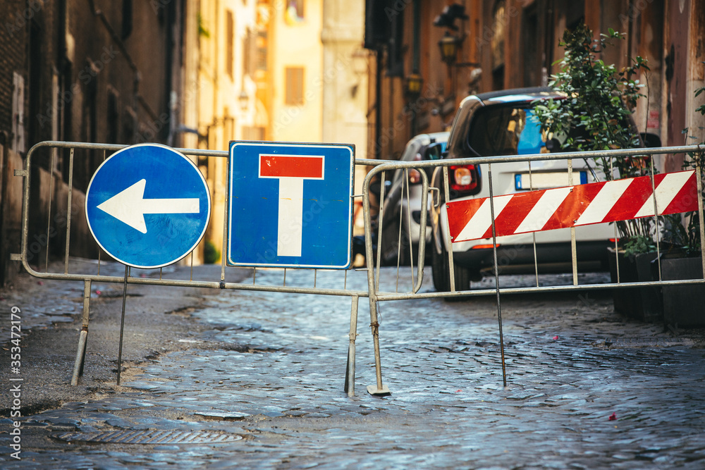 Road works detour road signs. Dead end road and arrow to turn left ...