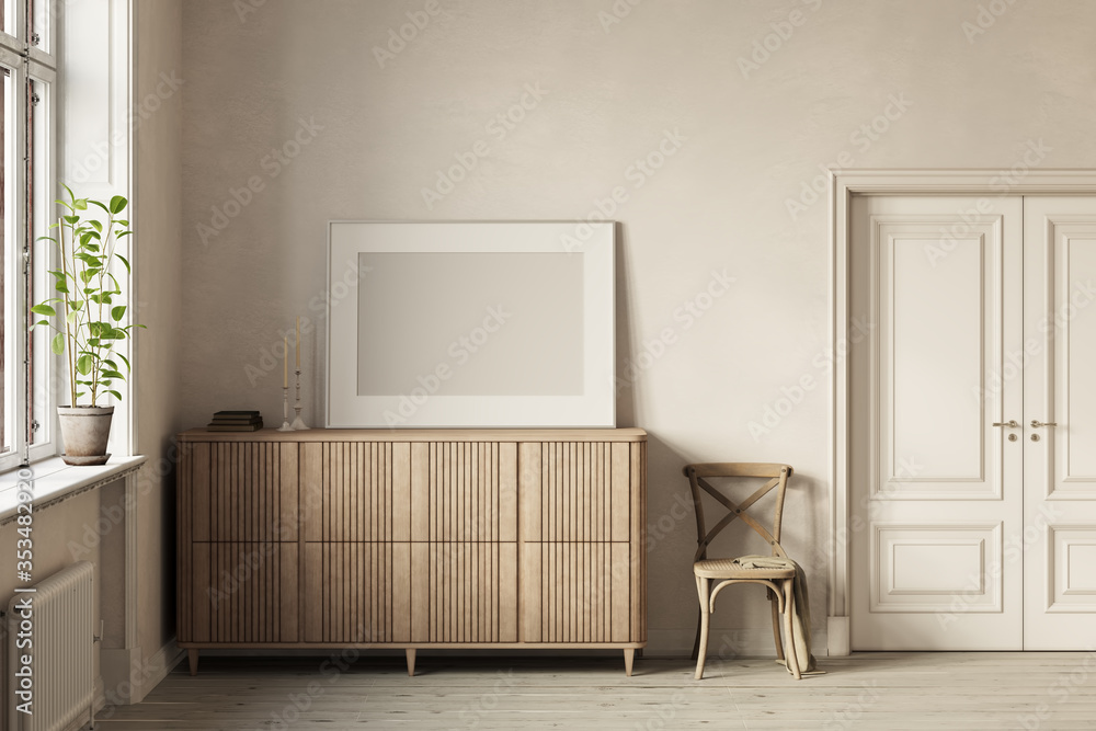 Interior of a bright room with a blank horizontal poster on a wooden ...