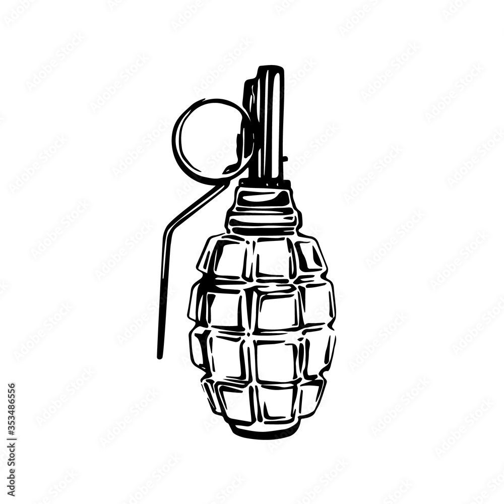 Hand drawn grenade, ink drawing sketch weapon vector, black isolated ...