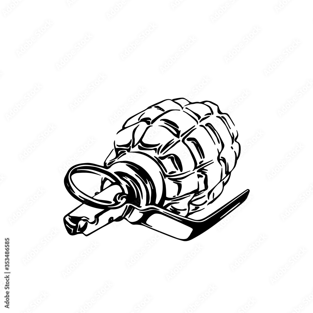 Hand drawn lying bomb grenade, ink drawing sketch weapon vector, black ...