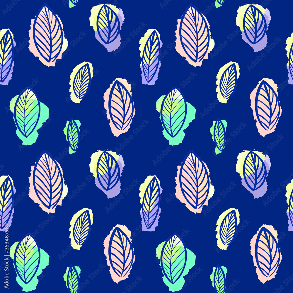 leaves pattern on a blue background. Beautiful Botanical illustration ...