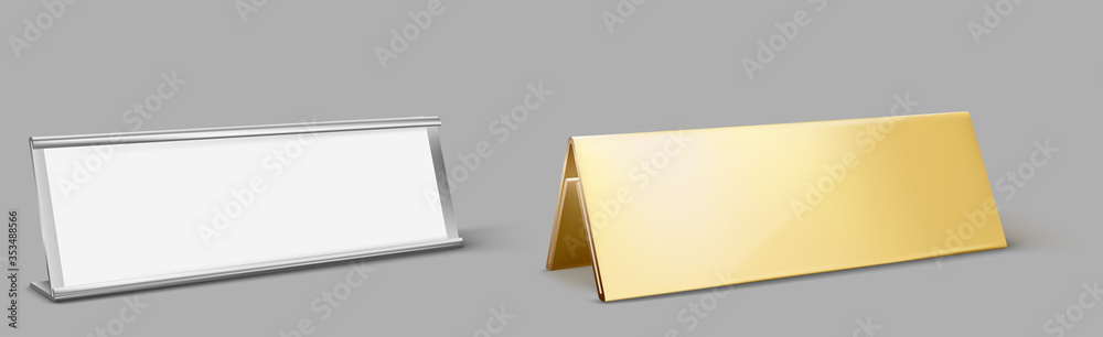 Table card holder, empty name plate. Vector realistic mockup of golden ...