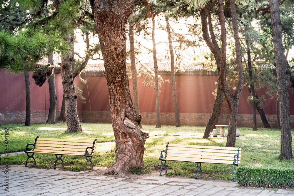 Park mit zwei Sitzbänken in der verbotenen Stadt, Peking, China. Garten ...