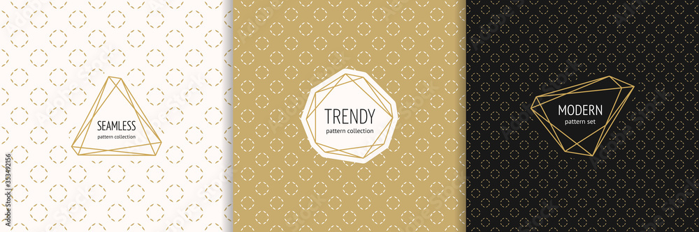 Vector golden minimalist seamless patterns with stylish modern labels ...