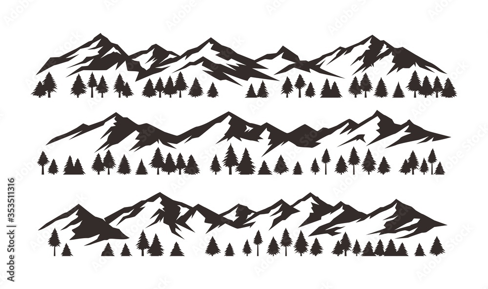Mountains silhouettes on isolated background. set of hand drawn ...