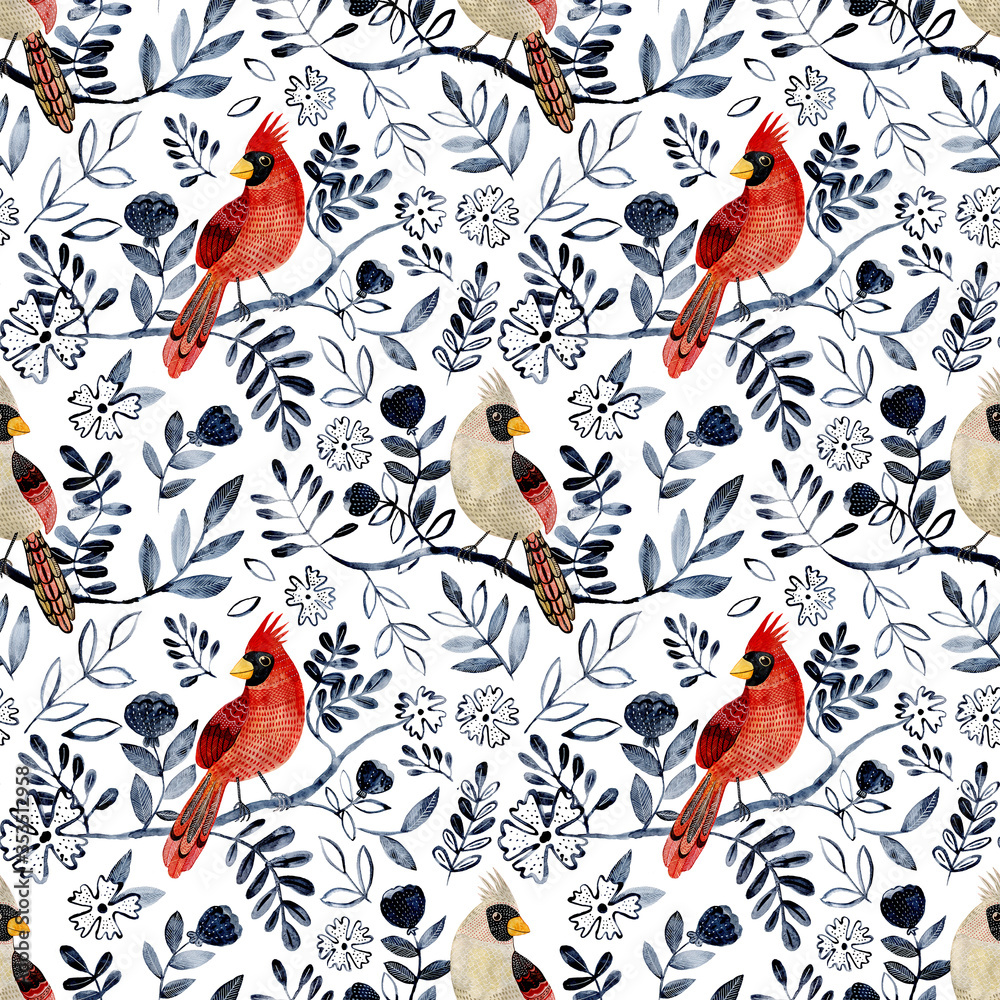 Seamless pattern with red cardinal and branches. Holiday watercolor ...