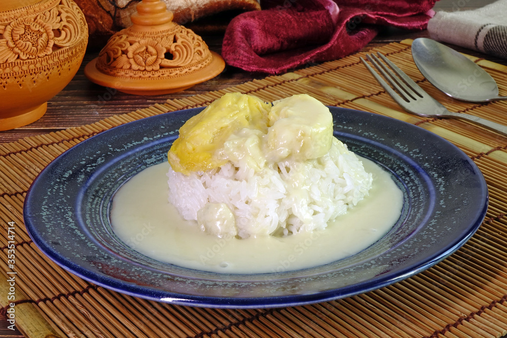 Durian sticky rice in coconut milk and durian creamy sauce. One of most ...