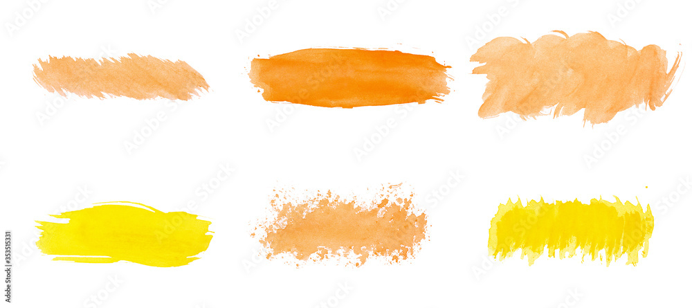 Set of watercolor brushes for design. Orange and yellow brush strokes ...