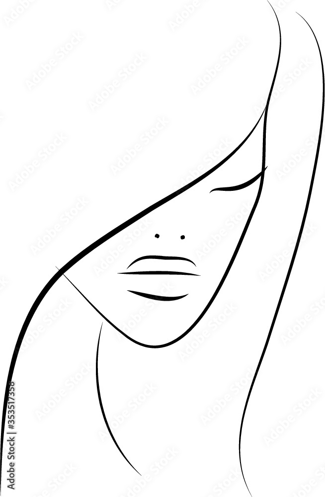 Beautiful simple line art doodle girl with eyes closed, isolated on ...