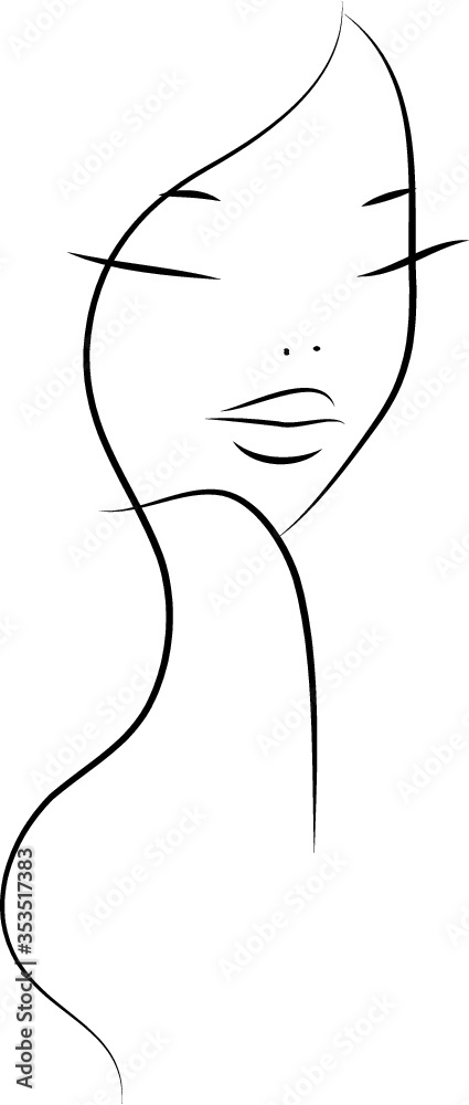 Beautiful simple line art doodle girl with eyes closed, isolated on ...