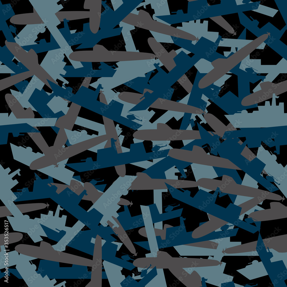 Camouflage made by 3 types of warships outline in blue tone seamless ...