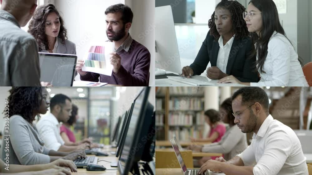 Designer presenting swatches to customer. Employees working at computer ...
