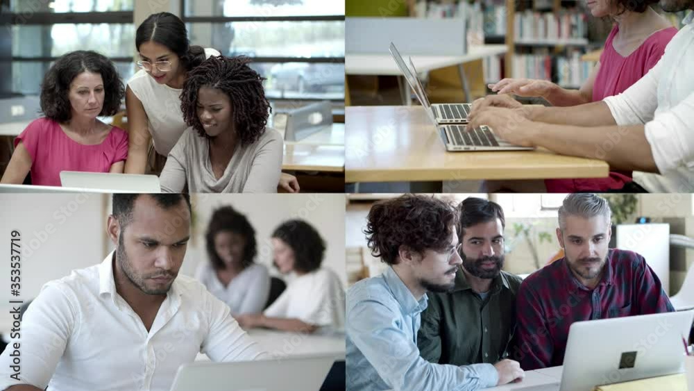 Office colleagues watching presentation on laptop together. Employees ...
