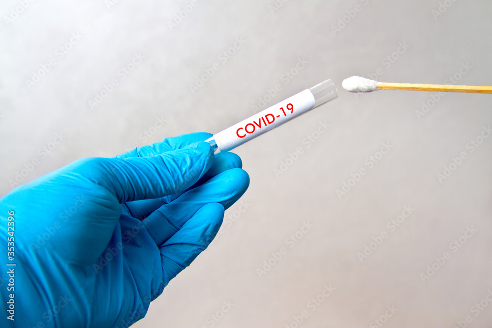Gloved hands with swab, patient sample collection, sterile sample ready ...