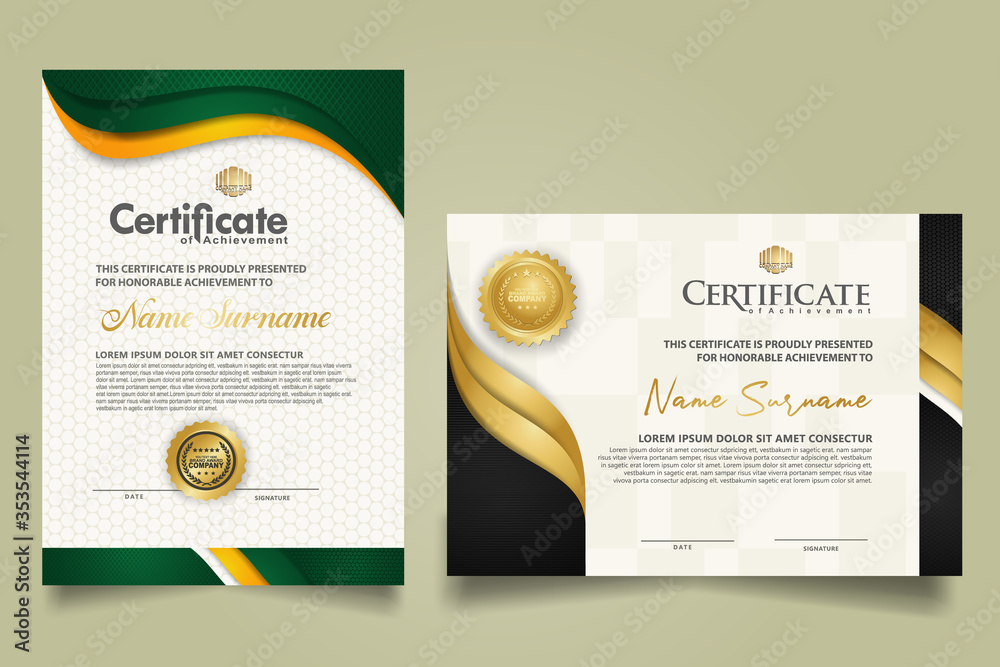 set vertical and horizontal certificate template with flow lines ornament and modern texture ...