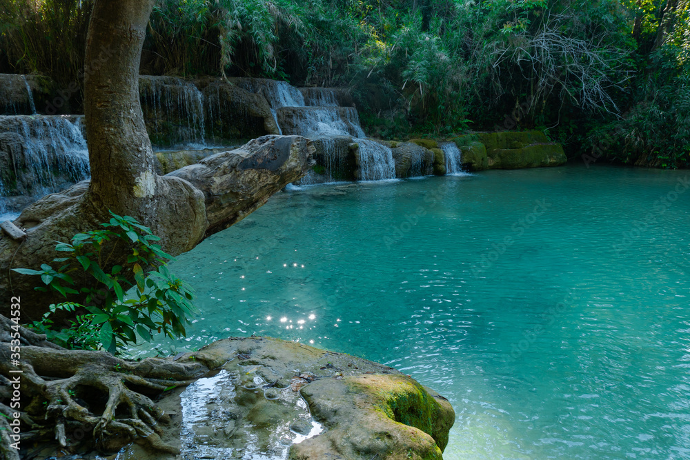 Waterfall, lower level. The water cascades over the embankments ...