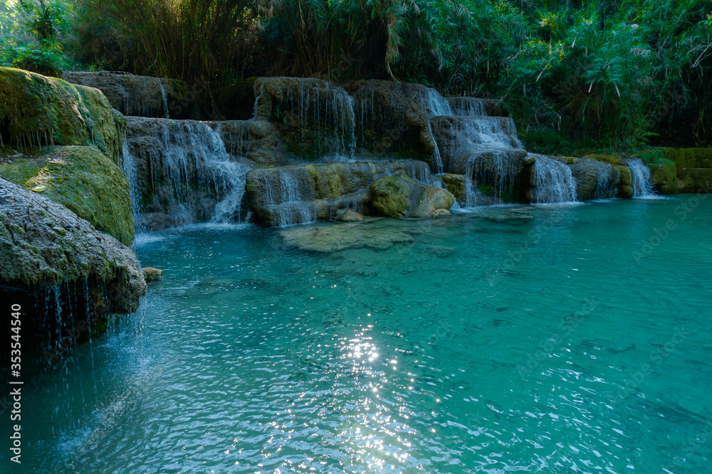 Kuangsi Waterfall, lower level. The rocks create levees at different ...