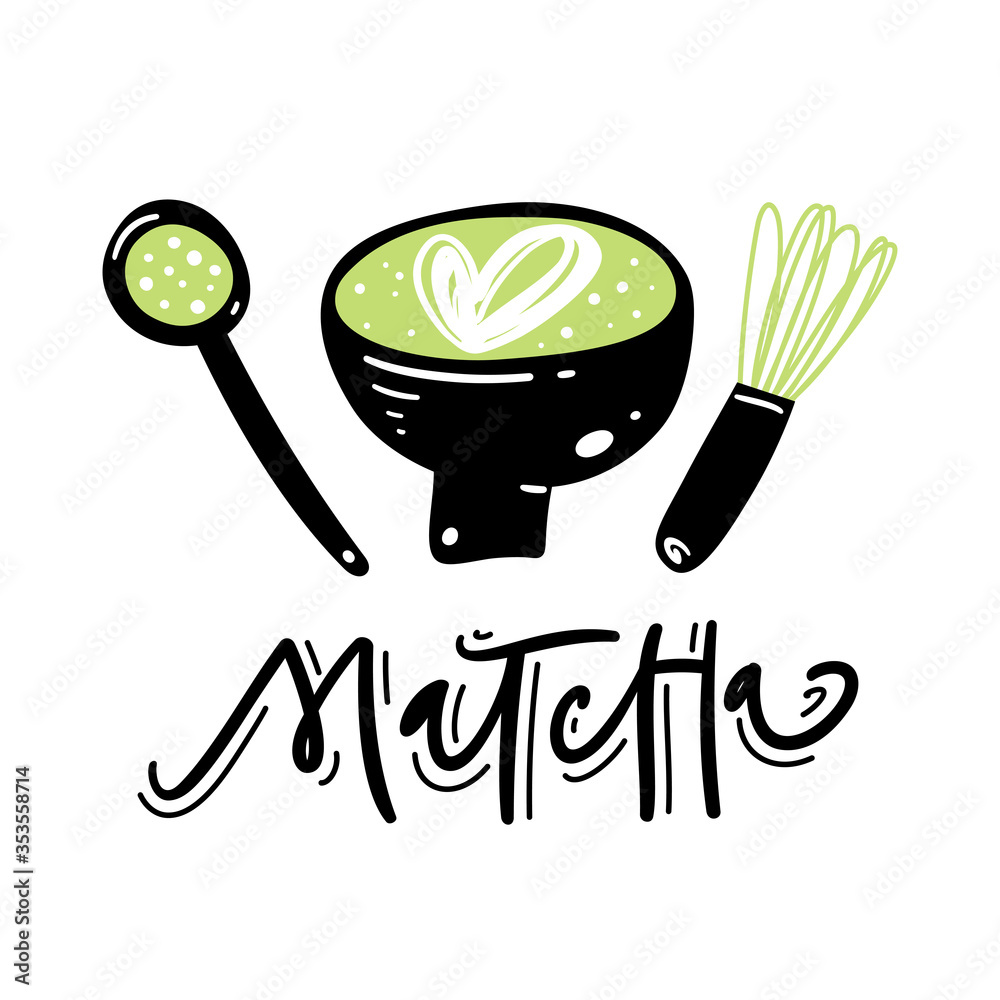 Matcha tea. Lettering, calligraphy. Hand drawn vector illustration. Can ...