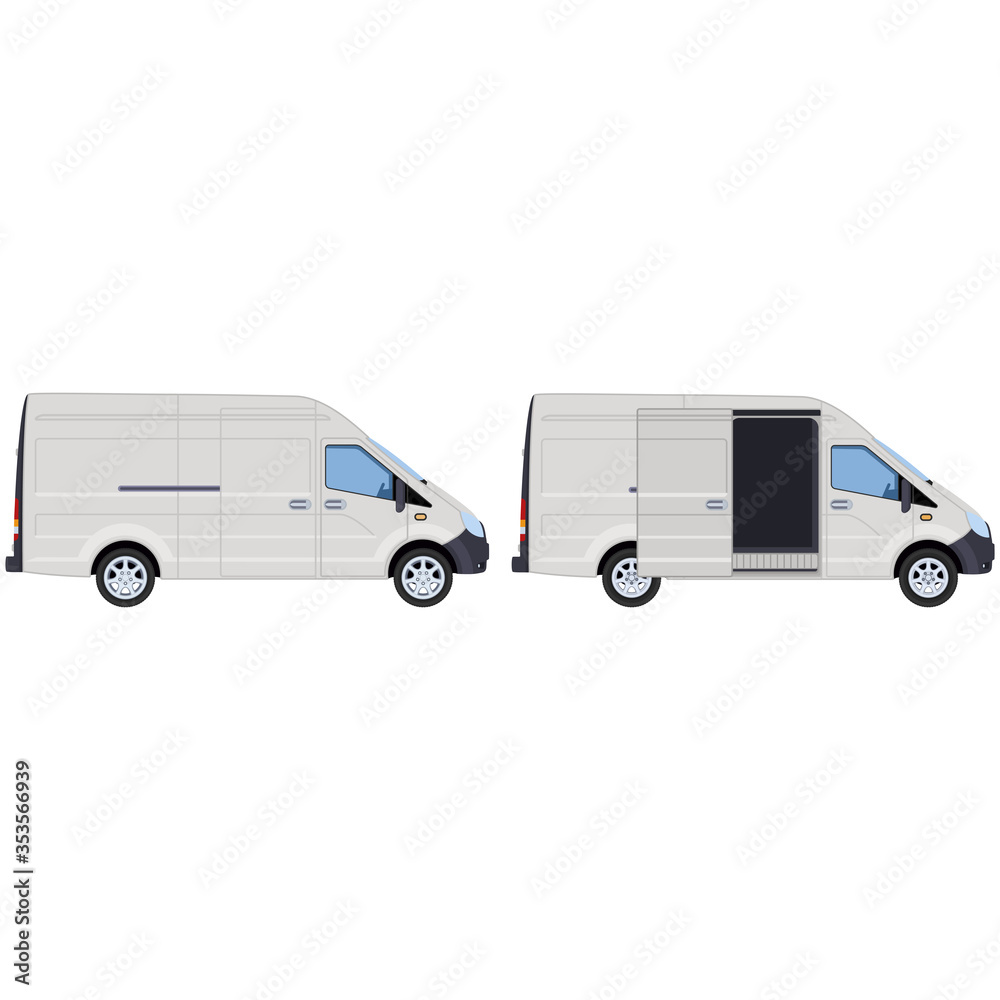 White van with closed and open side door. Concept for delivery service ...
