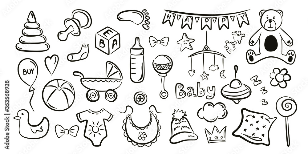 Baby hand drawn doodle set. Vector illustration for backgrounds, web ...