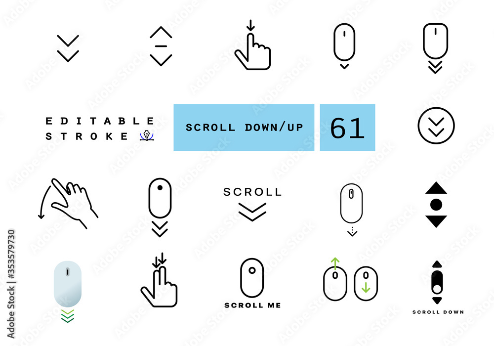 Modern linear pictogram of scroll down. Set of concept line icons ... Modern linear pictogram of scroll down. Set of concept line icons ...