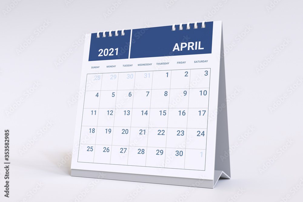 3D Rendering - Calendar for April. 2021 Monthly calendar week starts on ...