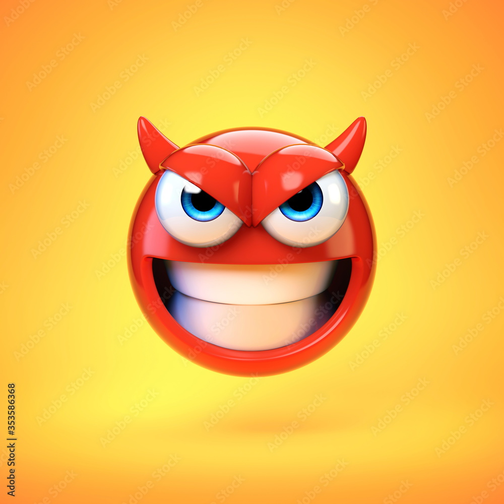 Devil emoji isolated on yellow background, evil emoticon 3d rendering ...