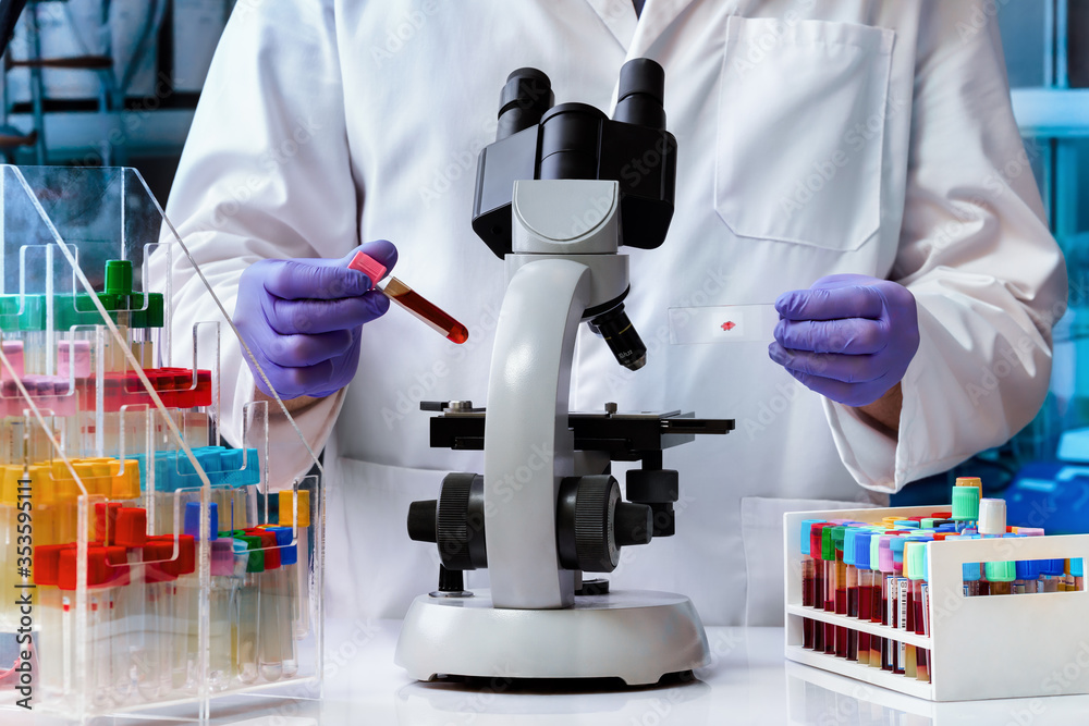 microbiologist who is working with blood tube test in the microbiology ...