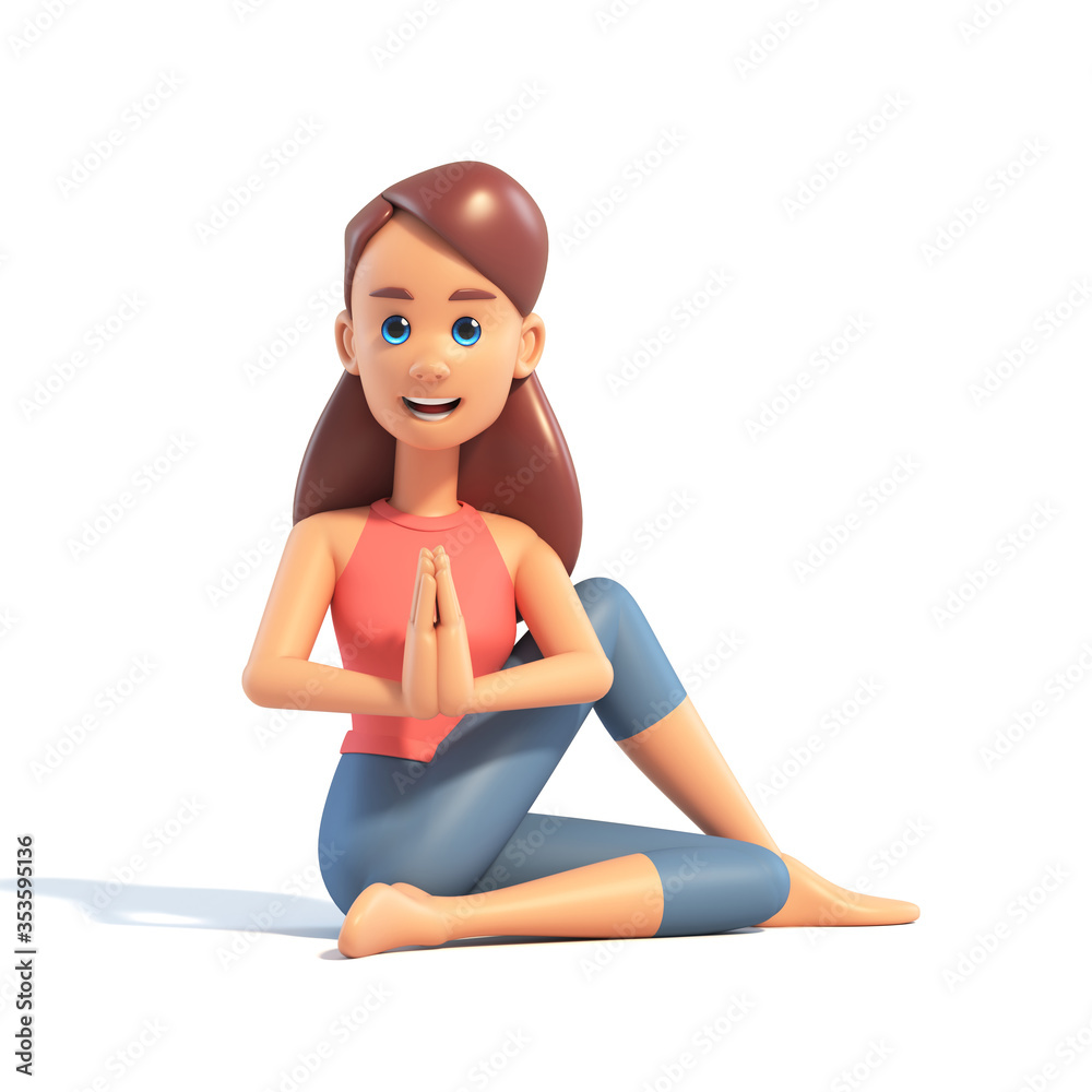 Stretching Yoga girl on white background, cartoon female 3d charcter ...