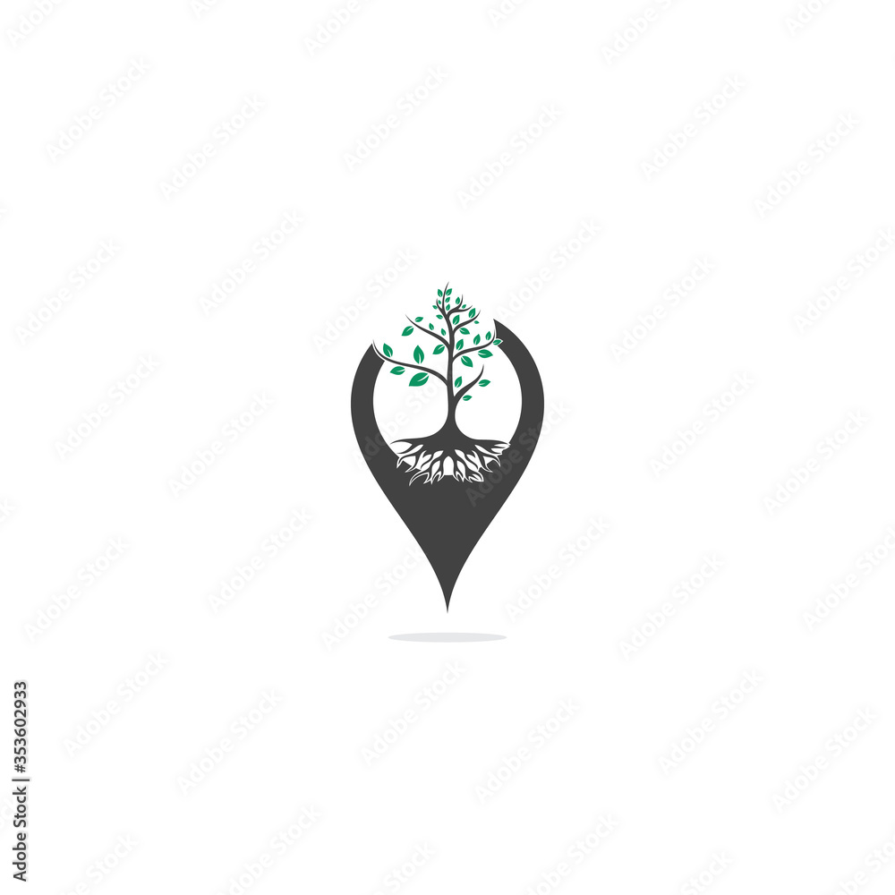 Tree Roots map pin shape concept vector logo design. Vector tree with ...