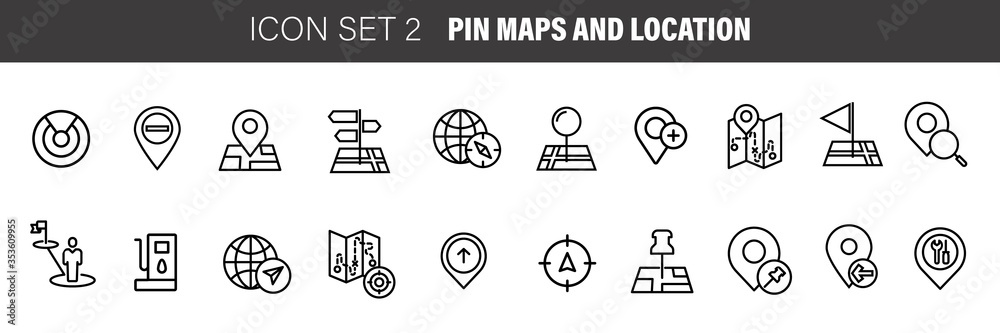 Maps pin and location icon set. Collection of outline technology ...