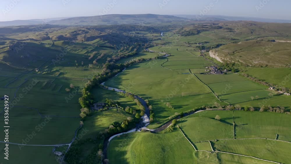 An aerial view of the Wharfedale valley, on the right is the limestone ...