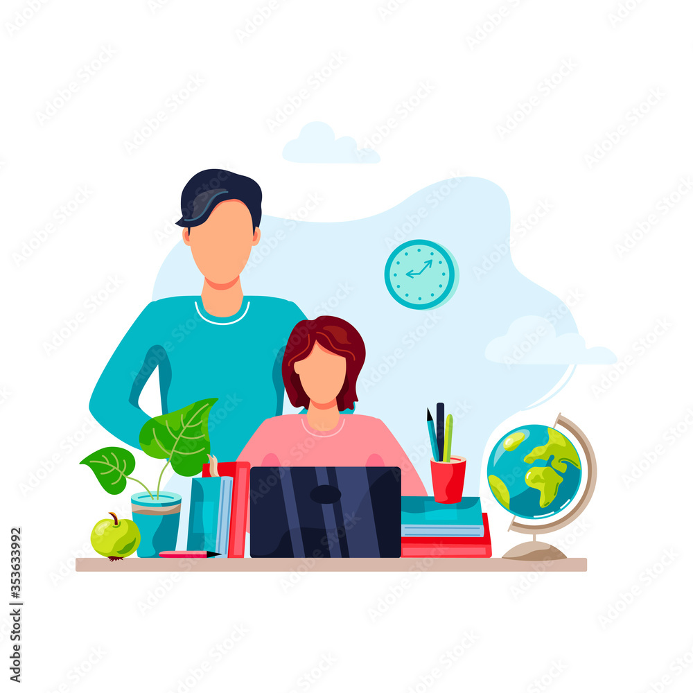 Home learning, home activity concept. Father is helping student to do ...