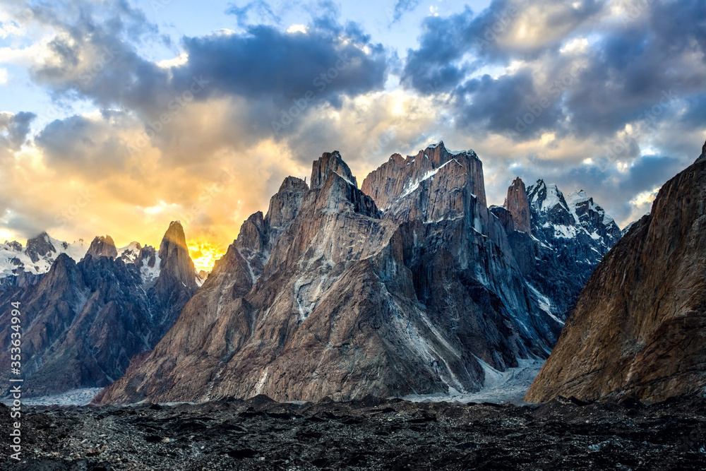 Poster Great Trango Tower mountain in Karakoram at sunset during the K2 ...