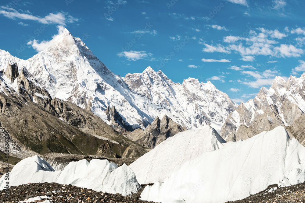 Panoramic view of Masherbrum (K1) and ice mounds from Goro II campsite ...