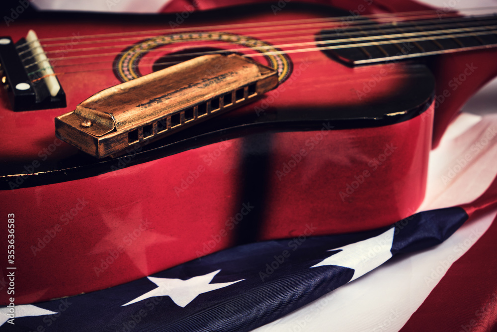 Star spangled banner, guitar and harmonica. Musical instrument and flag ...