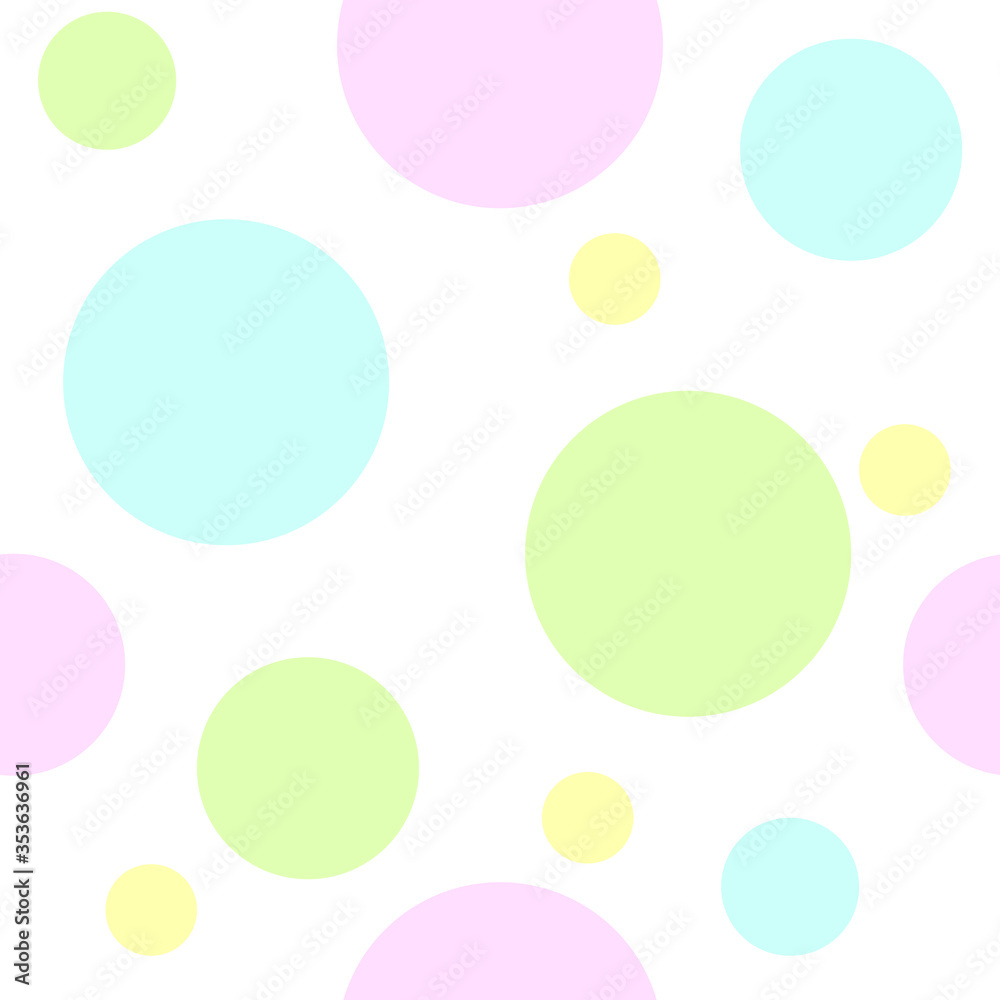 Seamless repeat pattern of pastel coloured circles or dots on a white ...