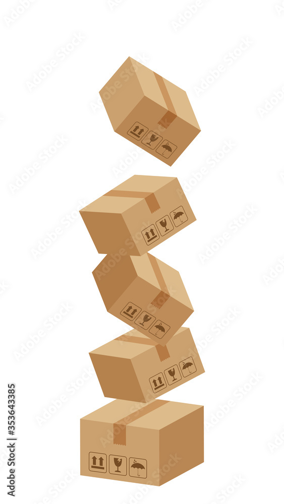 stack crate boxes brown and box flying isolated on white background ...