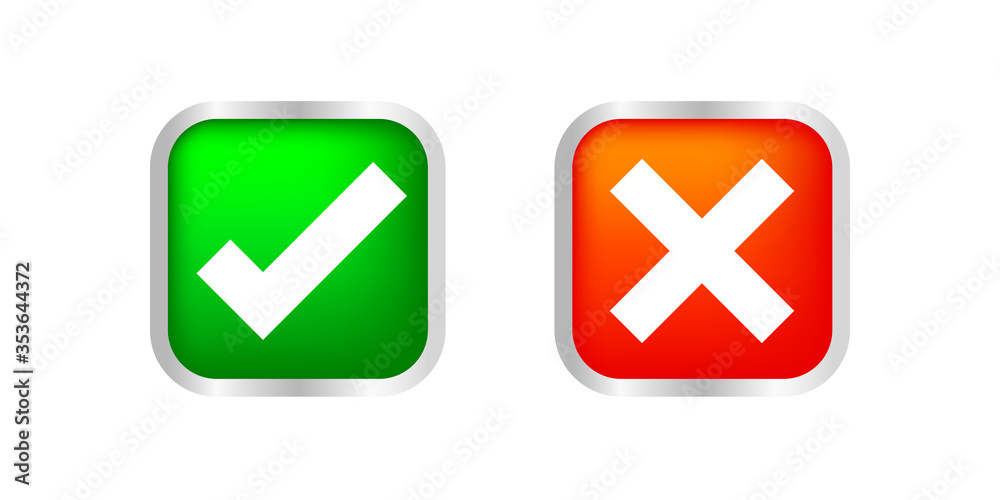 checkmark and x or confirm and deny square icon button 3d for apps and ...