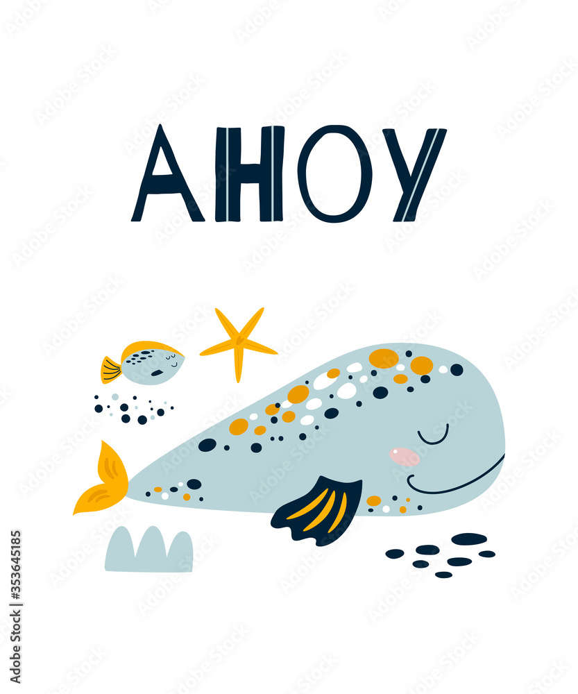 Ahoy boy Cute blue whale poster. Baby Shower and Ahoy kids sea ...
