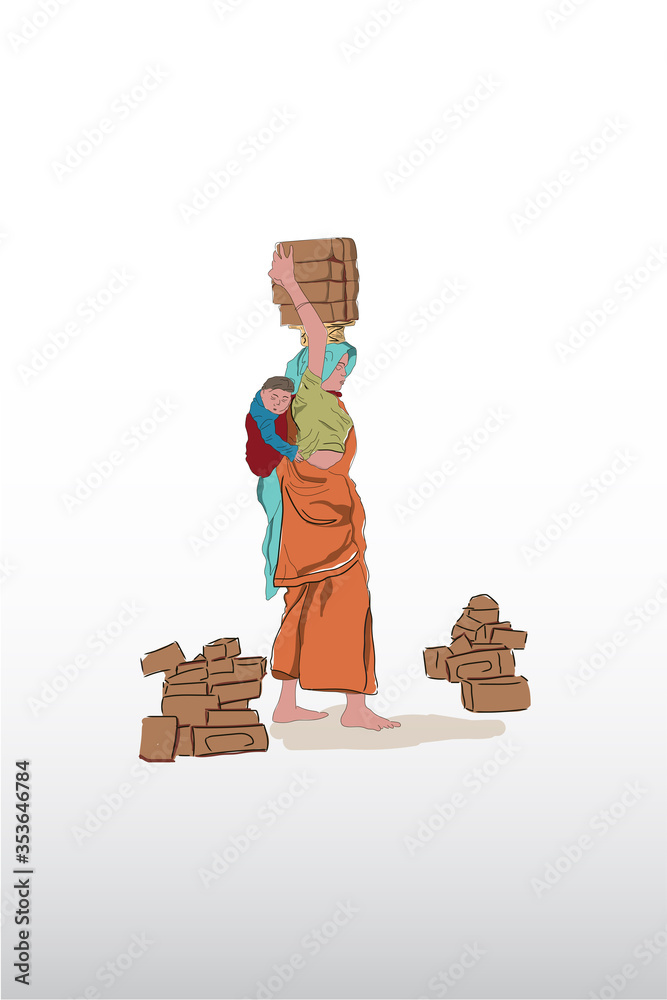 Labor mother carrying bricks on head and baby on back, Labour Mother ...