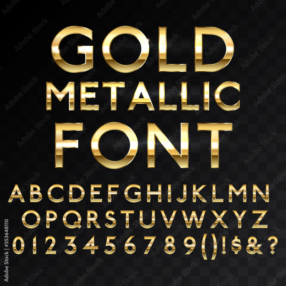 Gold metallic glossy vector font or gold style alphabet. Yellow metal ...