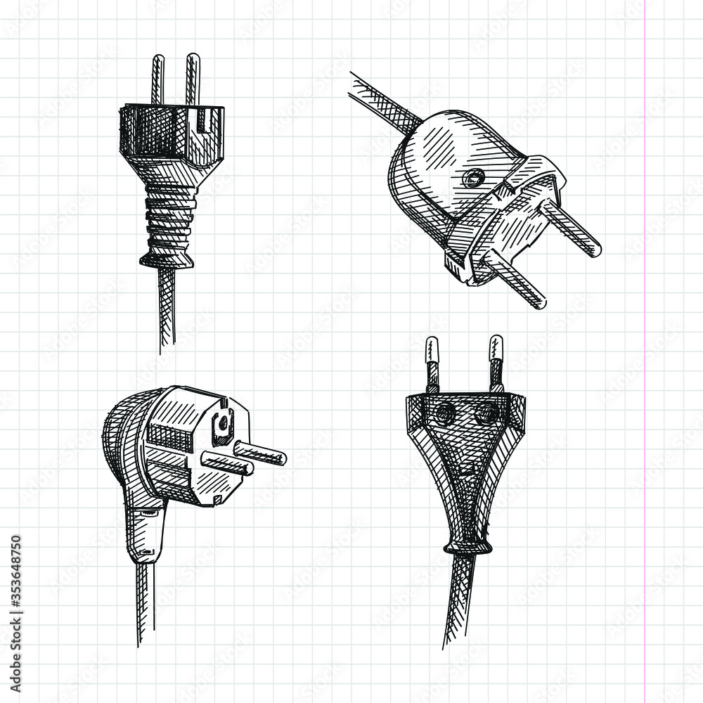 Sketch set of hand-drawn plugs. The set consists of Type E plug, US ...
