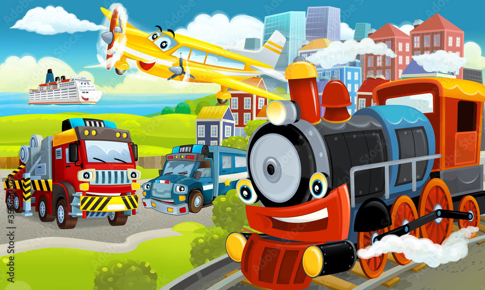 Cartoon funny looking steam train locomotive near the city with cars ...