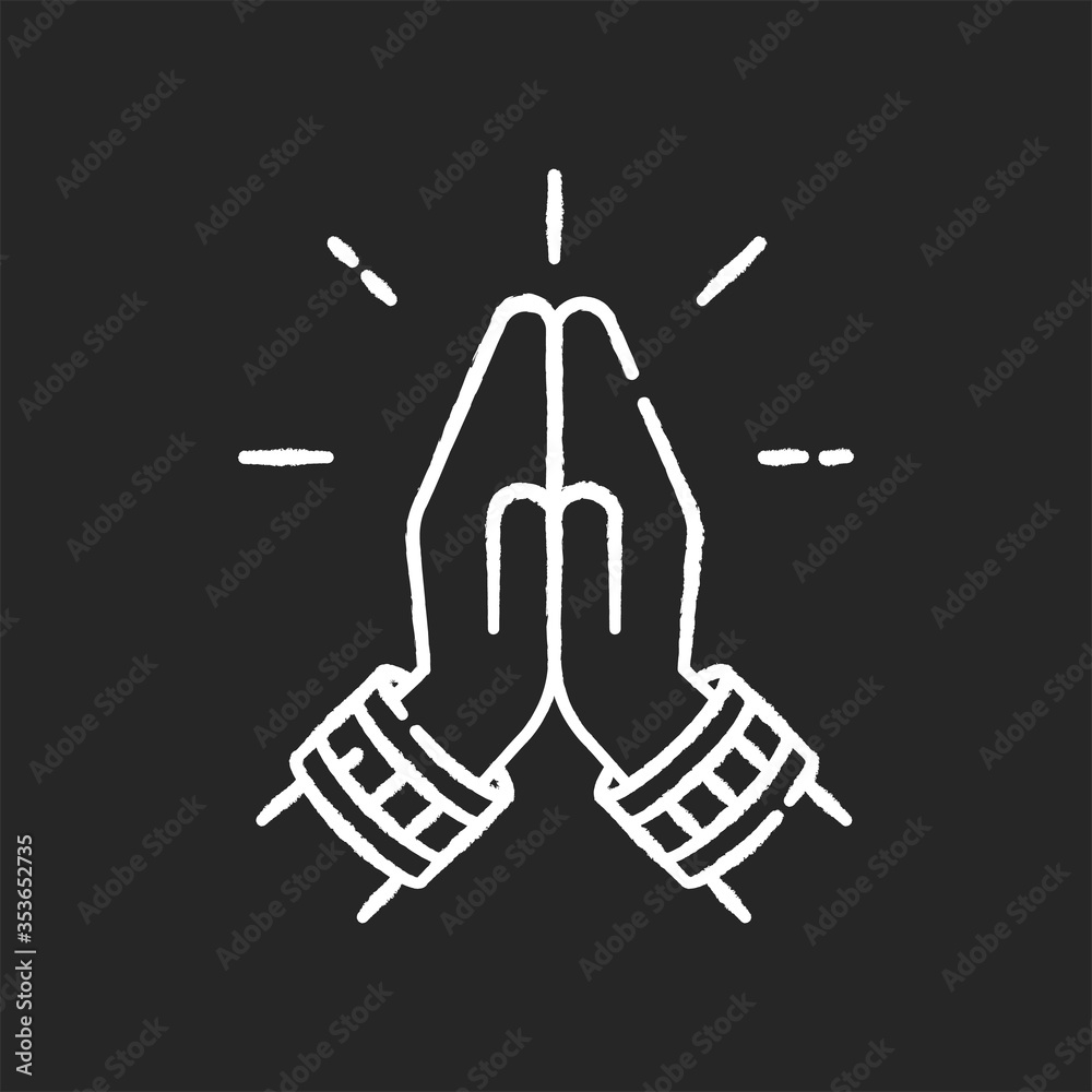 Namaste chalk white icon on black background. Hindu greeting. Hands ...